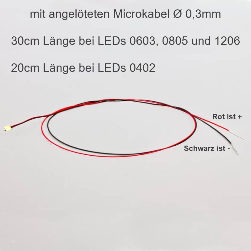 SMD LED 0402 0603 0805 1206 mit Kabel angelötet Ø 0,3mm Microkabel LE, 8,99