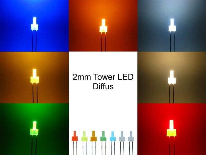LED 2mm Tower diffus LEDs langer Kopf 7 Farben 10 20 50 100 Stück + S ...