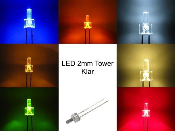 LED 2mm Tower klar LEDs langer Kopf 7 Farben 10 20 50 100 Stück + Set ...