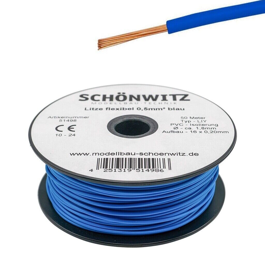 Litze Kabel 0,5mm² LIY Kupferschaltlitze 50 Meter Spule 0,50mm² Cu Ri ...
